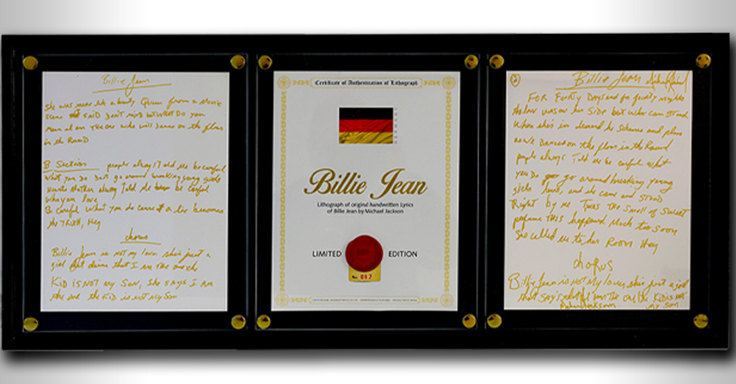 Michael Jacksons Songtext zu „Billie Jean“ als Lithografie