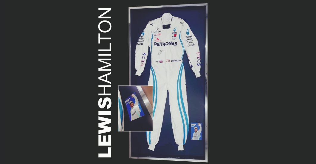 Formula 1 Sensation: Lewis Hamilton's Signed Overall in a Frame