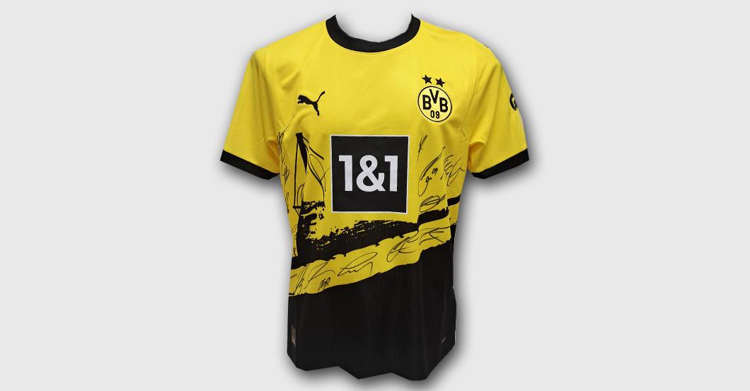 Das ganze BVB-Team signiert ein aktuelles Heimtrikot