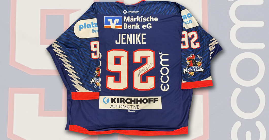 Eishockey-Star Andreas Jenike signiert Iserlohn Roosters-Trikot