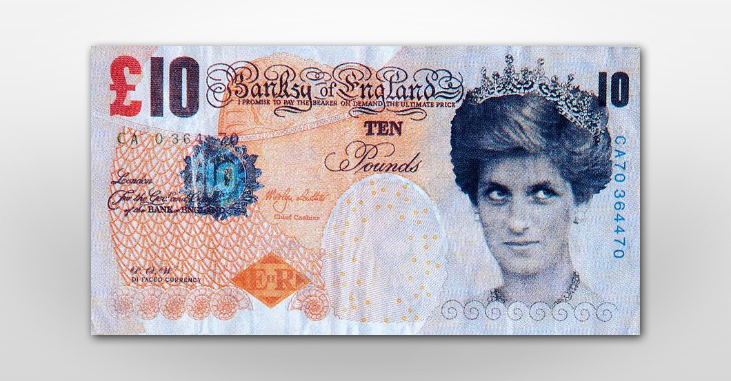 Von Banksy: 10 Pfund-Note mit Lady Diana als Lithografie