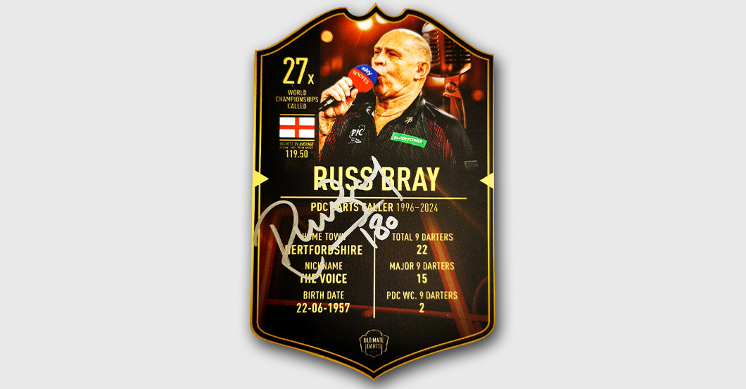 Mastercaller-Legende Russ Bray signiert limitierte Darts-Card
